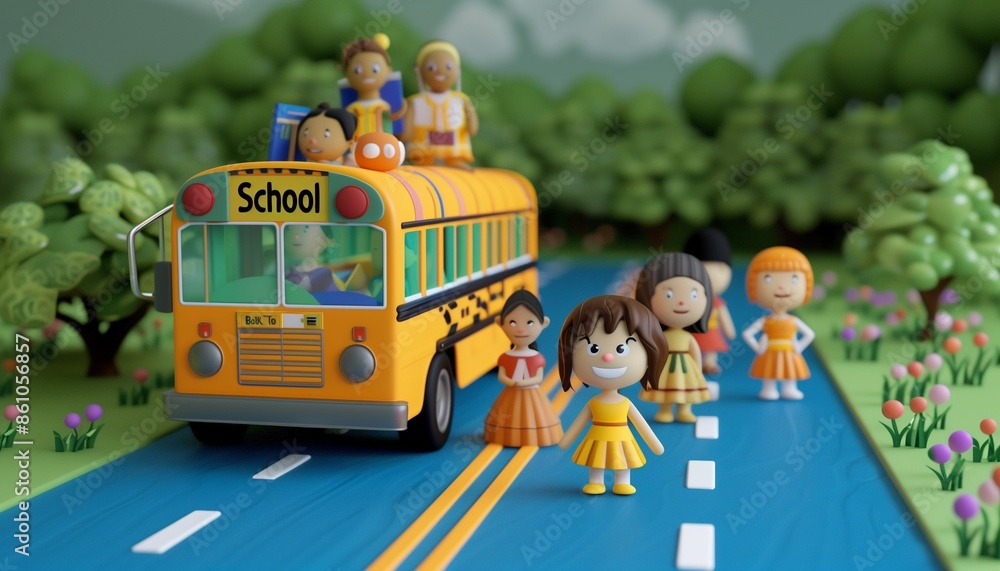 CGI-rendered "Back To School" featuring a school bus filled with ...