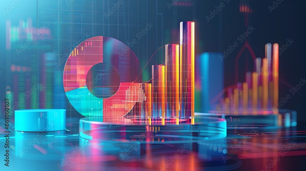 A transparent bar chart and pie chart set against a blue background ...