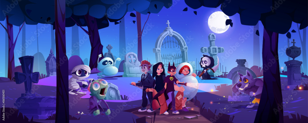 Children scared on graveyard at Halloween cartoon background. Danger at ...
