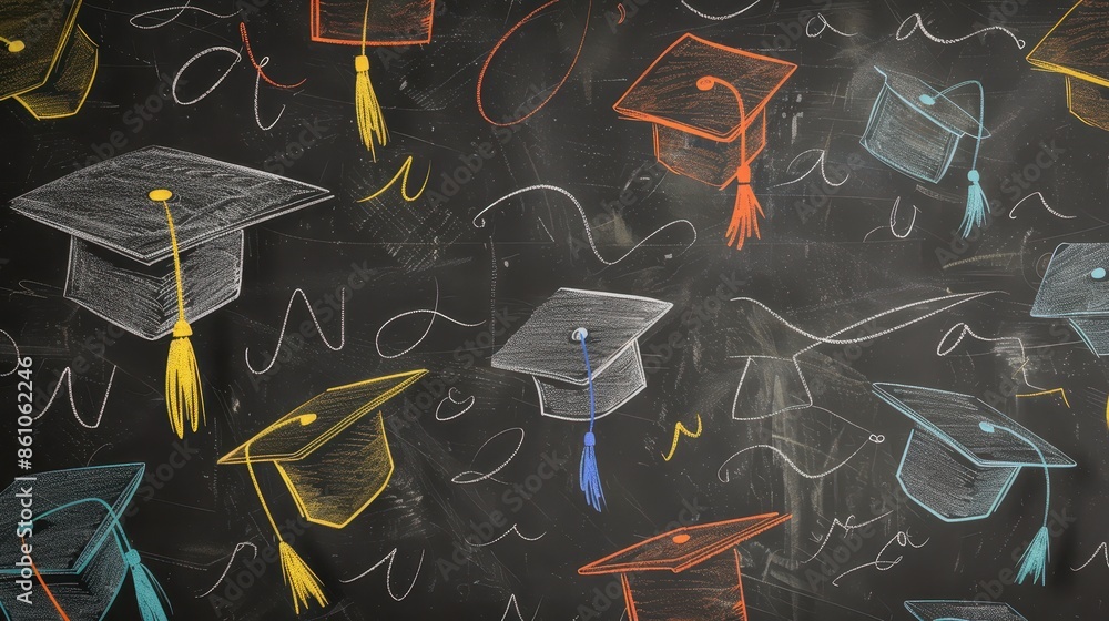 Chalkboard drawing of various graduation caps Stock Illustration ...