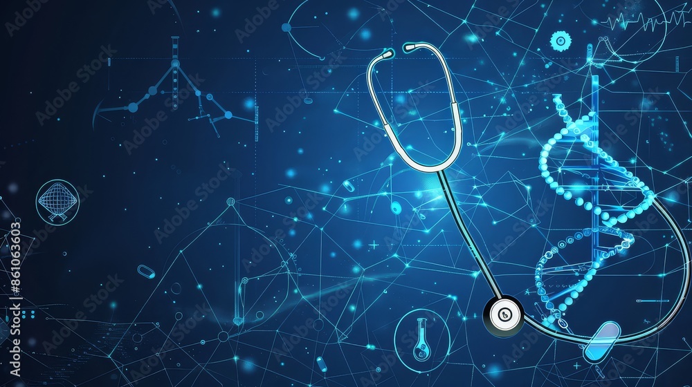 a background where classic medical symbols like a stethoscope morph and ...