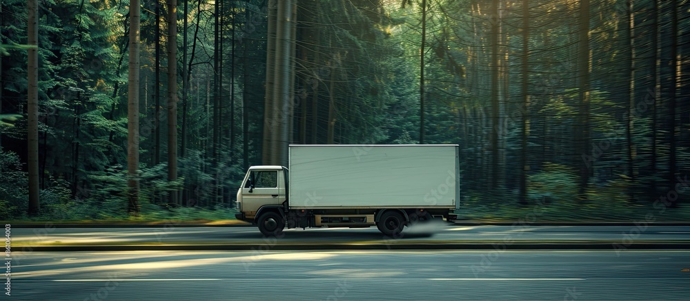Italian delivery truck in motion on forest road. Ther is a path for the ...