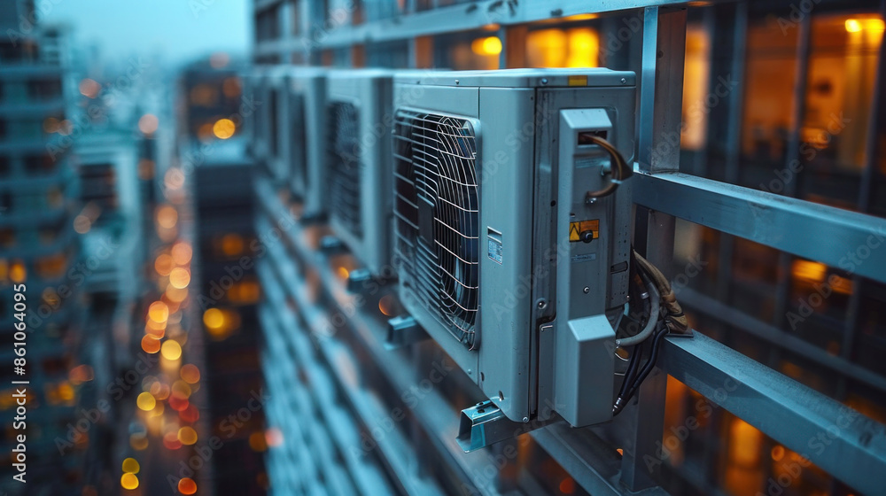 Air condenser unit on a building rooftop, equipped with essential pipes ...