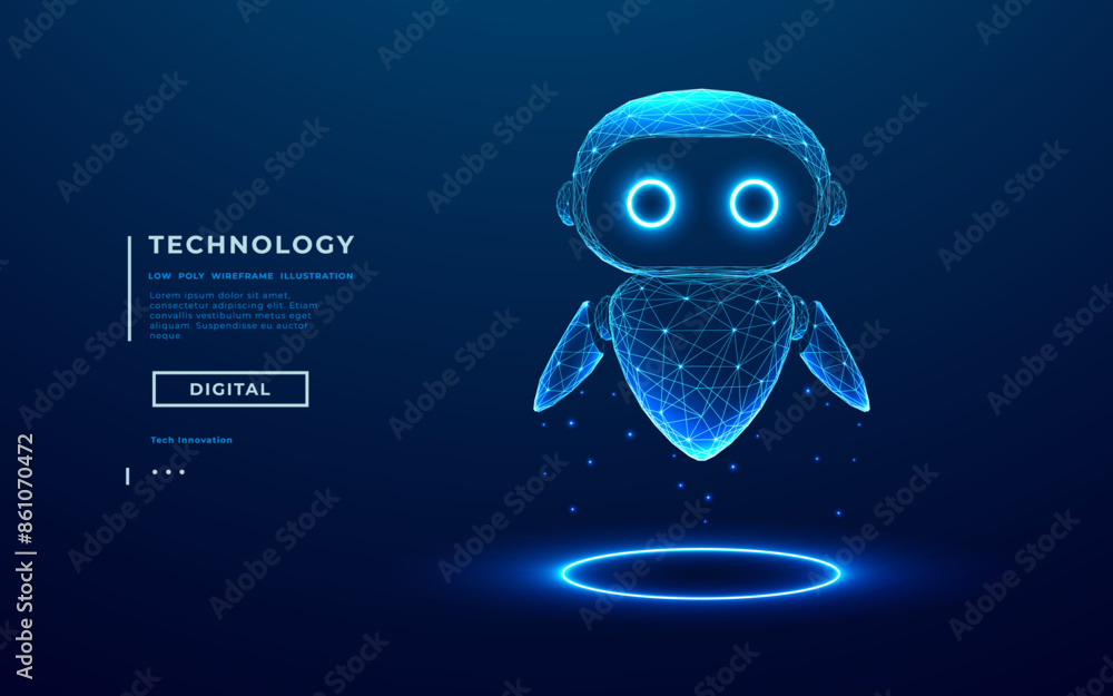 3D abstract digital AI robot floating above a light blue neon portal ...