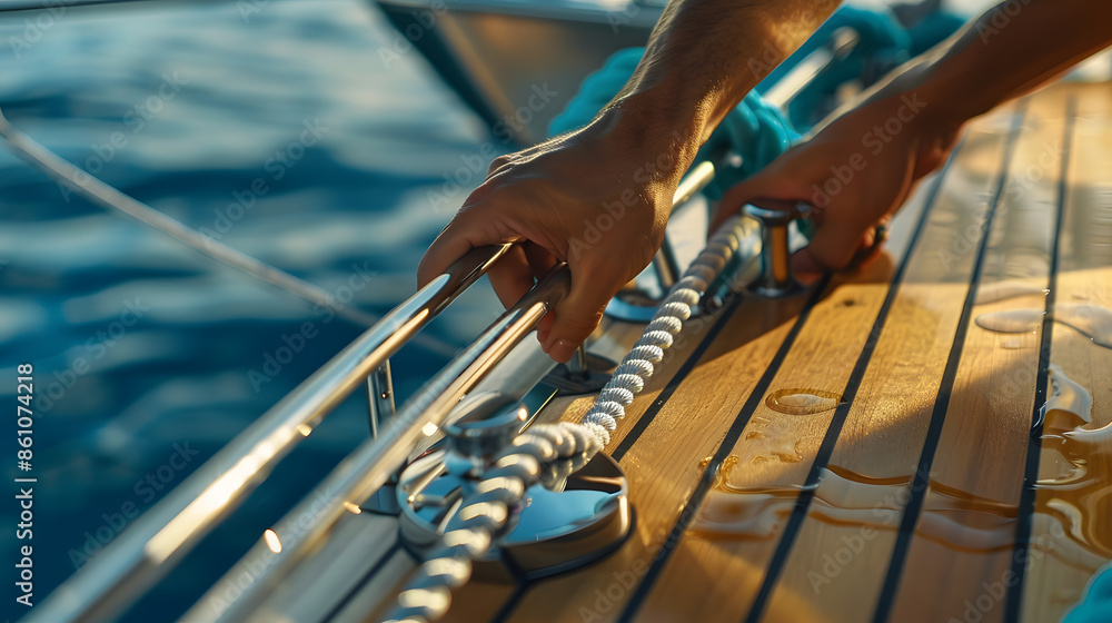 Detail of hands cleating off superyacht mooring lines on the foredeck ...