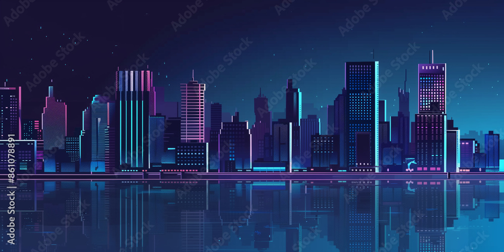 Pixel art retro wave. panorama of big city. wide banner. Space for text ...