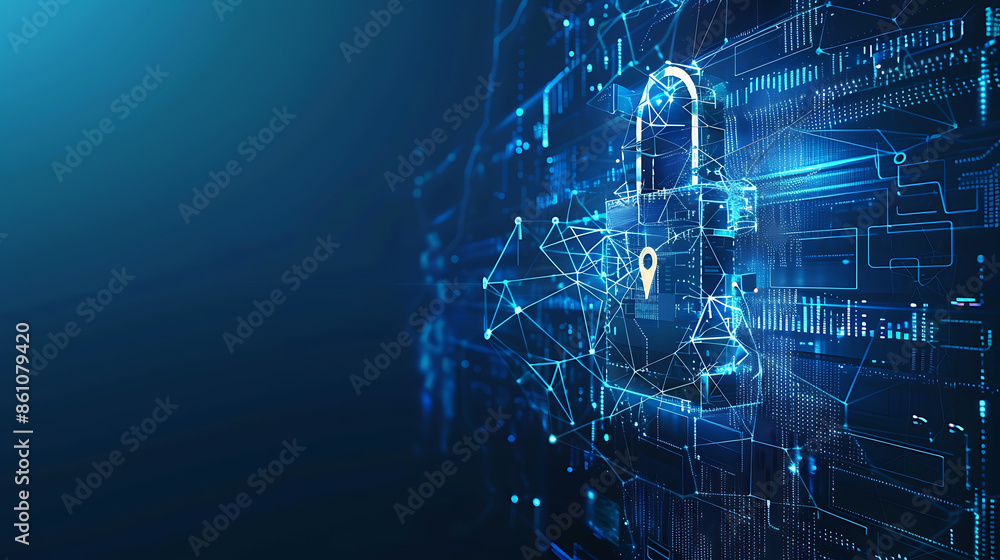 Securing Cyberspace Blue background with digital data protection locker ...