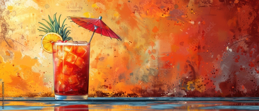 Stylized vector drawing of a tropical cocktail with a pineapple slice ...