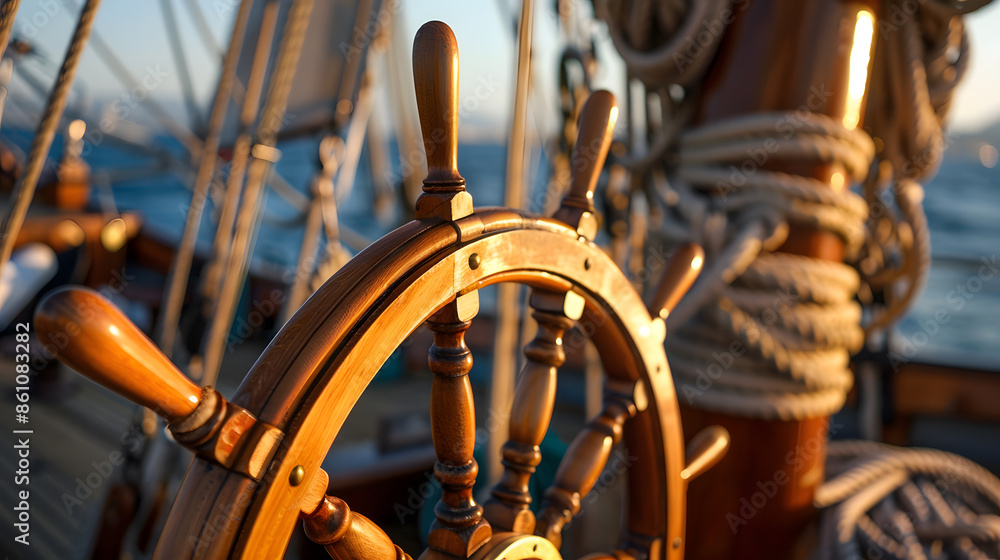 Steering wheel and marine ropes on the old ship for your concept of ...