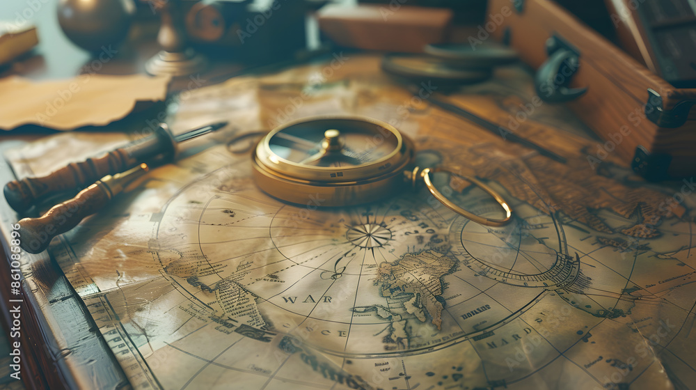 An old geographic map with navigational tools compass divider ruler ...