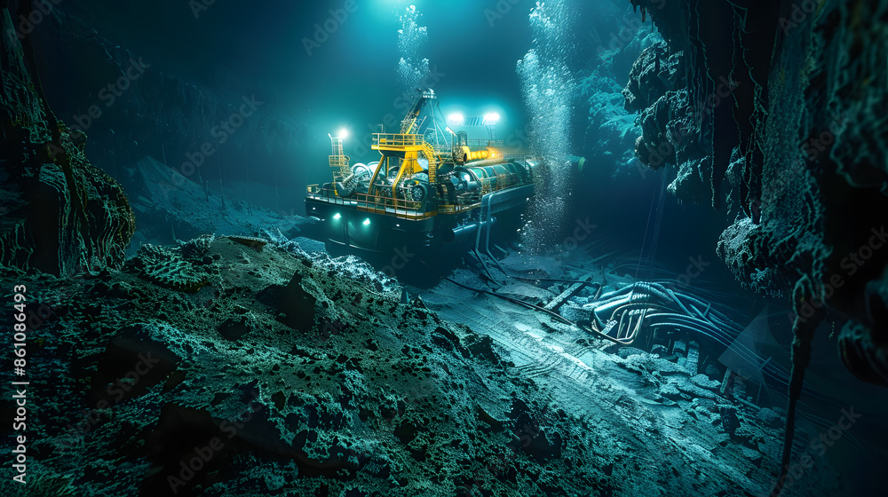 Underwater mining operation extracting rare earth minerals from deep ...