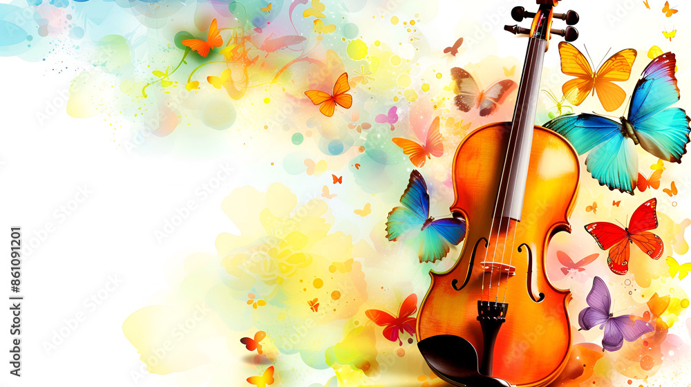 Colorful music background with violin and butterflies Colorful musical ...