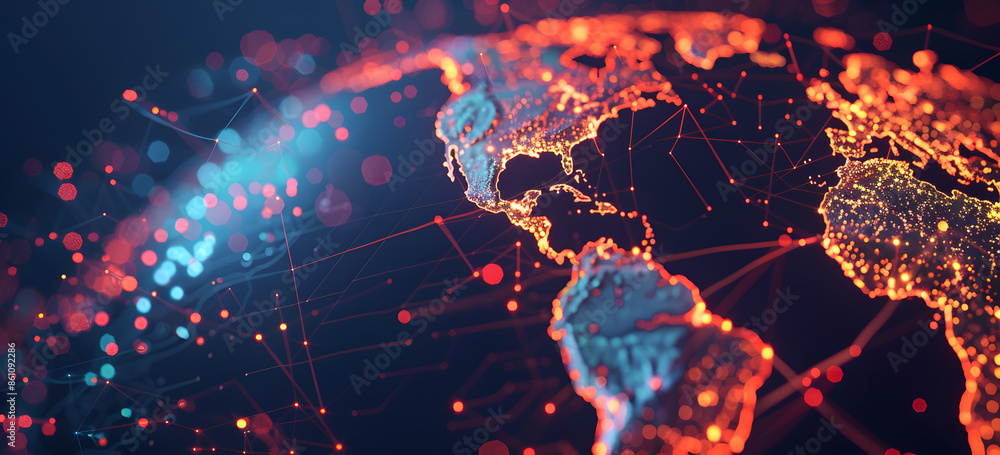 Abstract digital world map, concept of global network and connectivity, artificial general ...