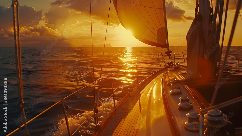 Sunset at the Sailboat deck while cruising sailing at opened sea Yacht ...