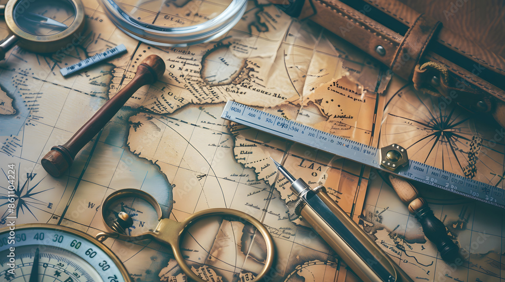 An old geographic map with navigational tools compass divider ruler ...