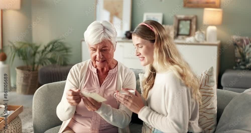 Grandma, woman or photograph for memory in home for nostalgia, learning ...