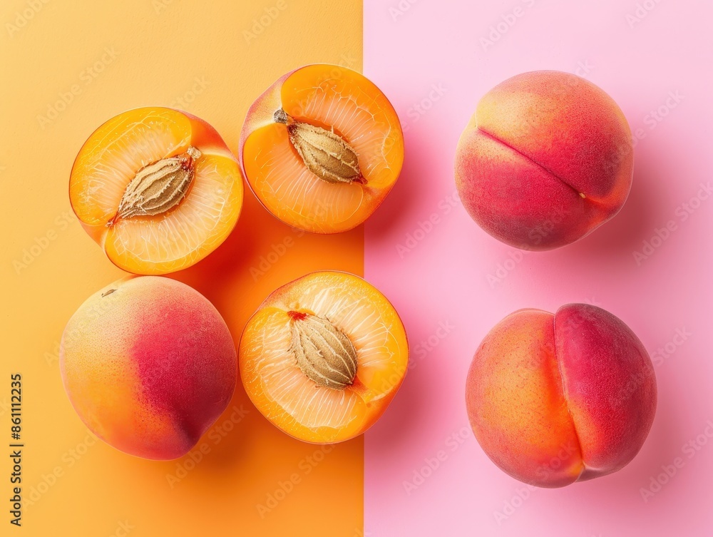 Whole and sliced peaches displayed on a split orange and pink ...