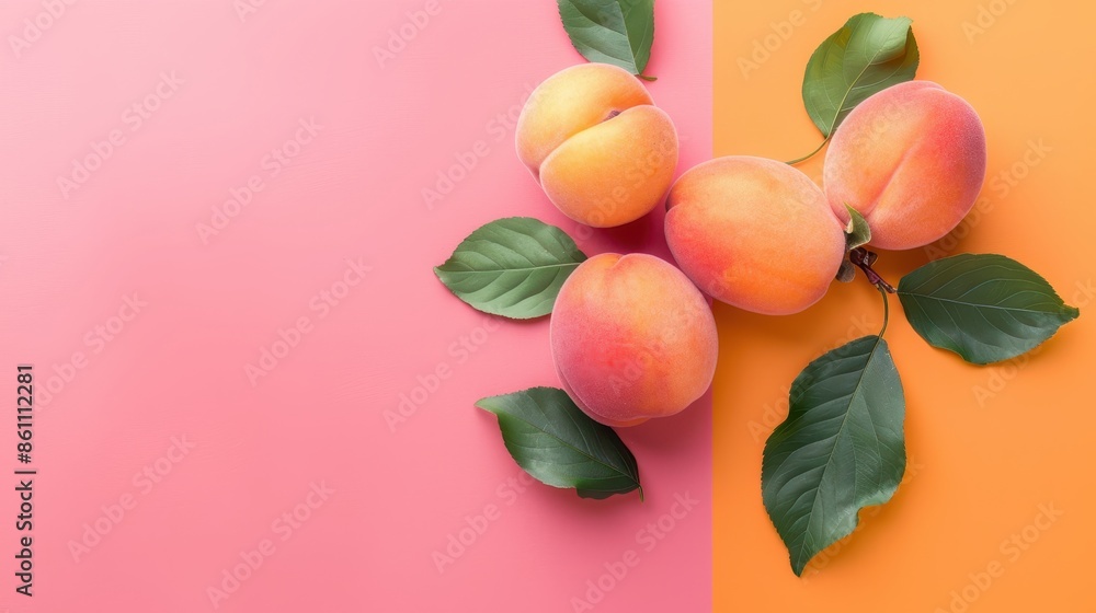 Fresh peaches with leaves arranged on a split pink and orange ...