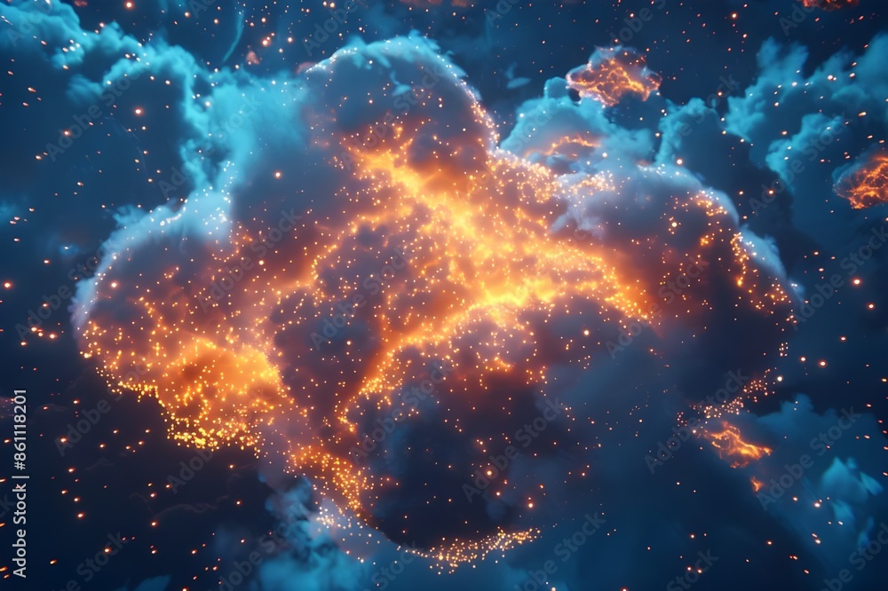 Fire explosion with smoke on abstract cloud computing structure. The ...