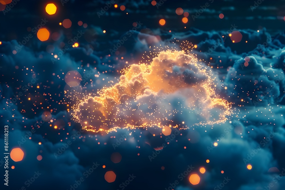 Fire explosion with smoke on abstract cloud computing structure. The ...