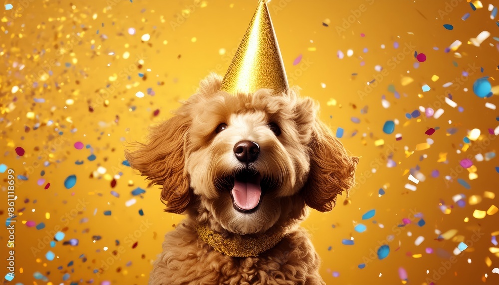 Happy Goldendoodle in party hat, yellow background with confetti Stock ...