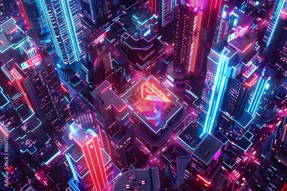 Three-dimensional projection pixel 8-bit art view of the city. 3D ...