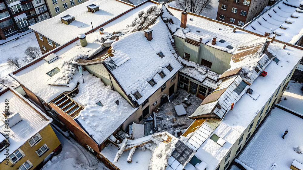 The structure's rooftop collapsed due to the weight of snow, seen from ...