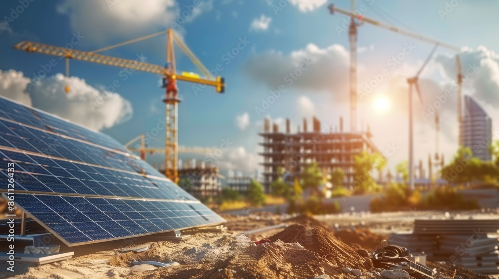 Construction site with cranes and solar panels under a blue sky ...