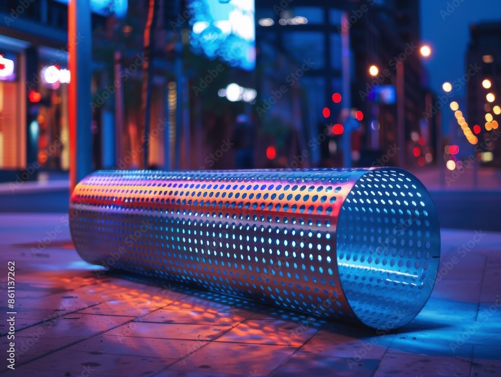 Perforated metal tube with blue light shining through it. AI. Stock ...