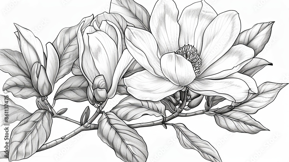 coloring book Black and white pencil drawing of a magnolia flower ...