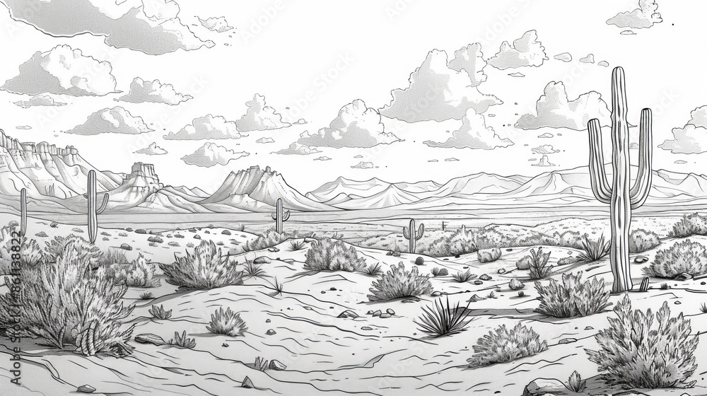 coloring book The black and white desert scene shows a vast, arid ...