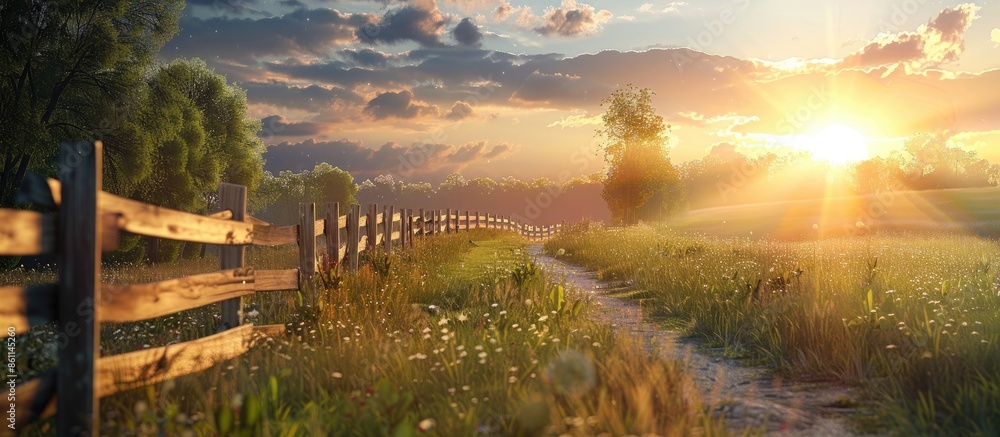 Rural country farm ranch grass road with three board wood fences under ...