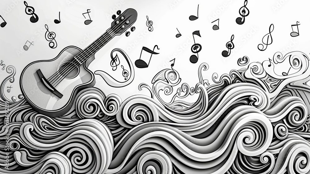 Monochromatic cartoon drawing of music notes swirling around a guitar ...