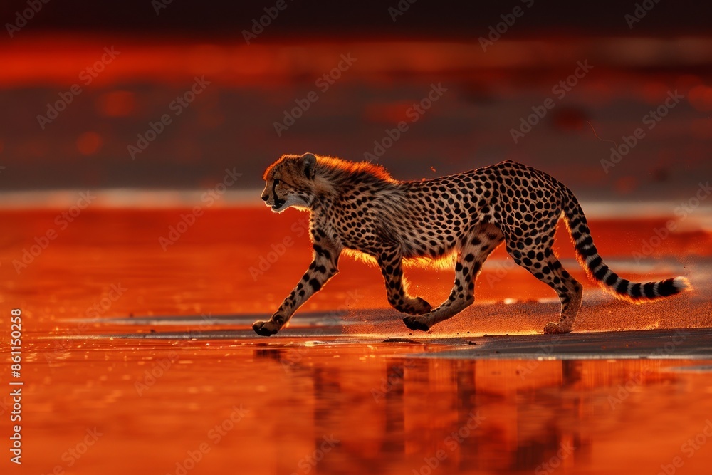 golden hour light colors a young cheetah in mid stride on wet red sand ...