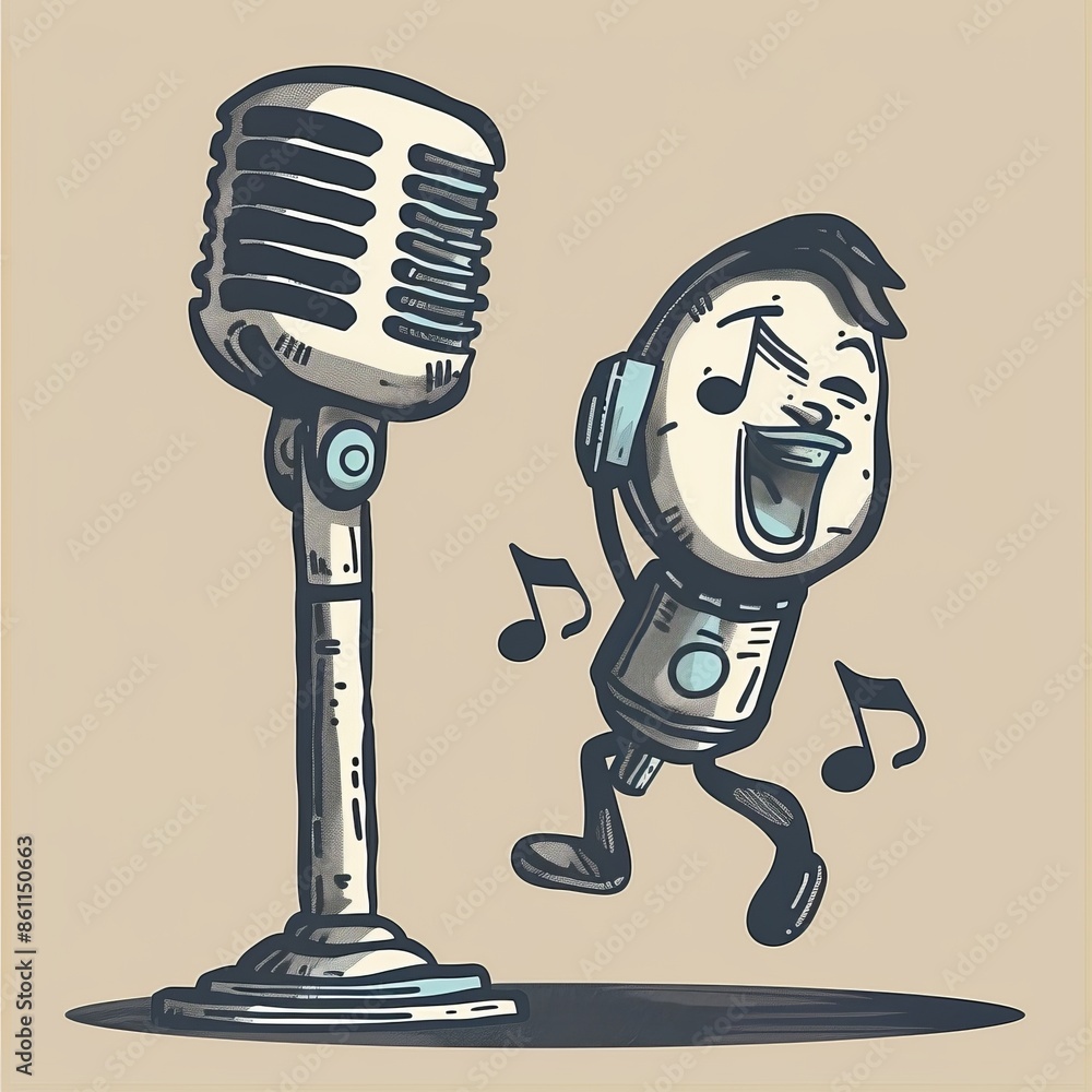 Cartoon music notes dancing around a microphone Stock Illustration ...