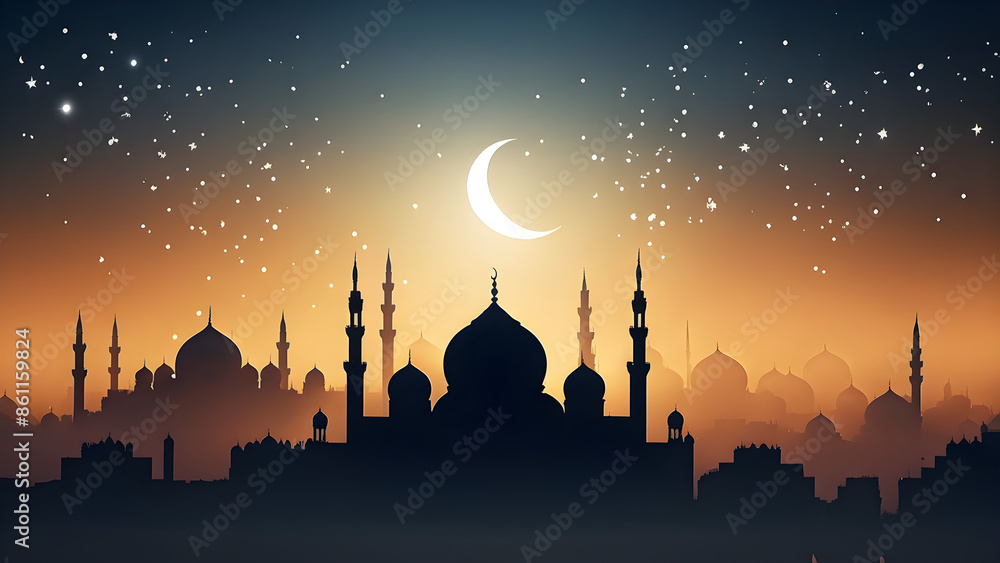Elegant islamic background featuring a misty silhouette of a mosque ...