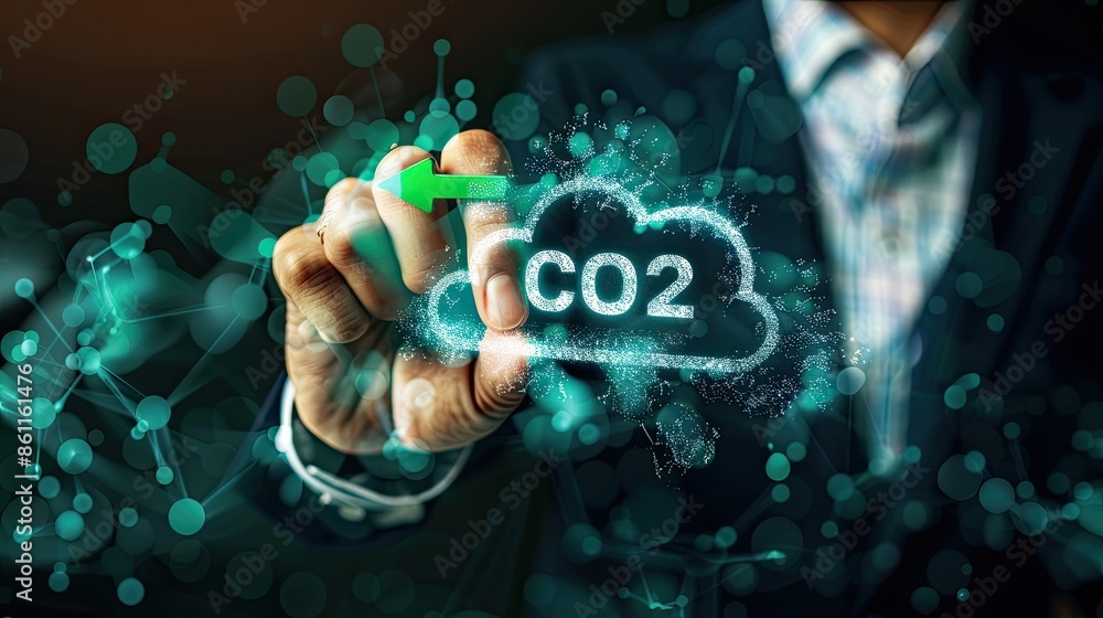 Businessman Holding Virtual Green Arrow Pointing to 'CO2' in Cloud Icon ...