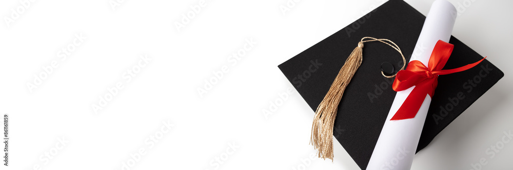 Graduation cap and diploma on white background banner, high school ...