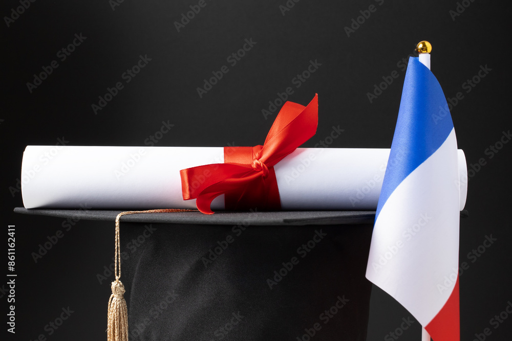 French education and language learning, graduation cap with diploma and ...