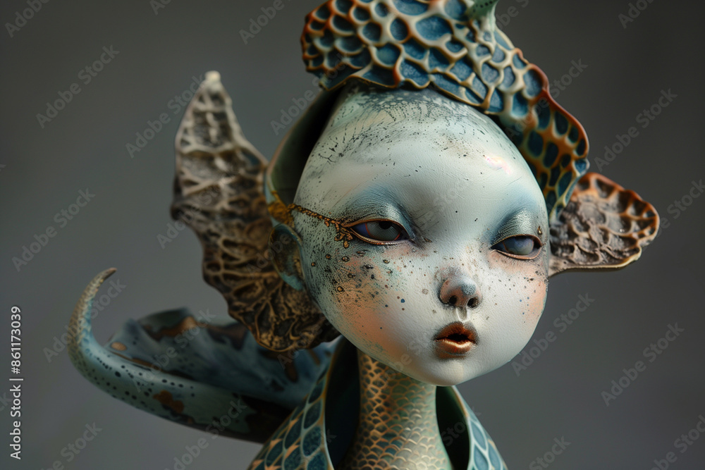 Fantasy sculpture of a childlike figure with fish scales and fins and a ...