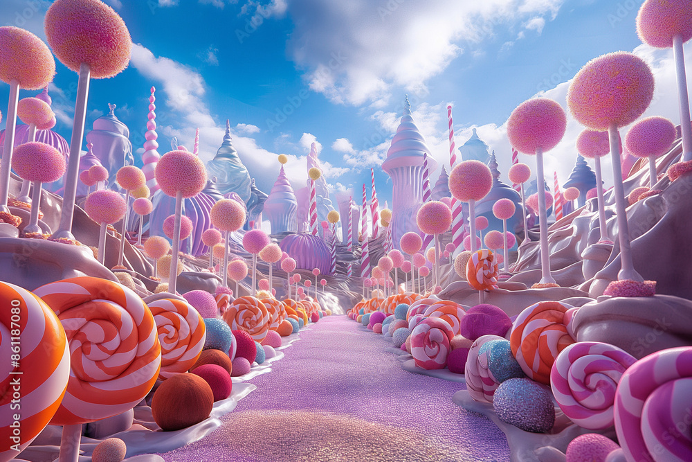 Fantasy candyland with giant lollipops and whimsical candy trees under ...