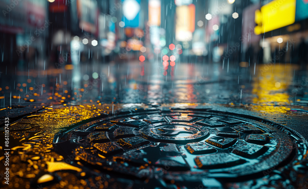 Wet manhole cover in a city street reflecting neon lights at night ...