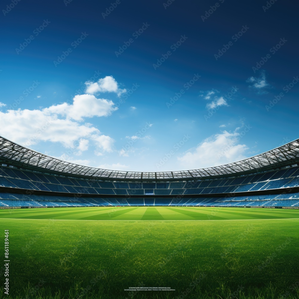 Empty modern football stadium with a blue sky and green grass field ...