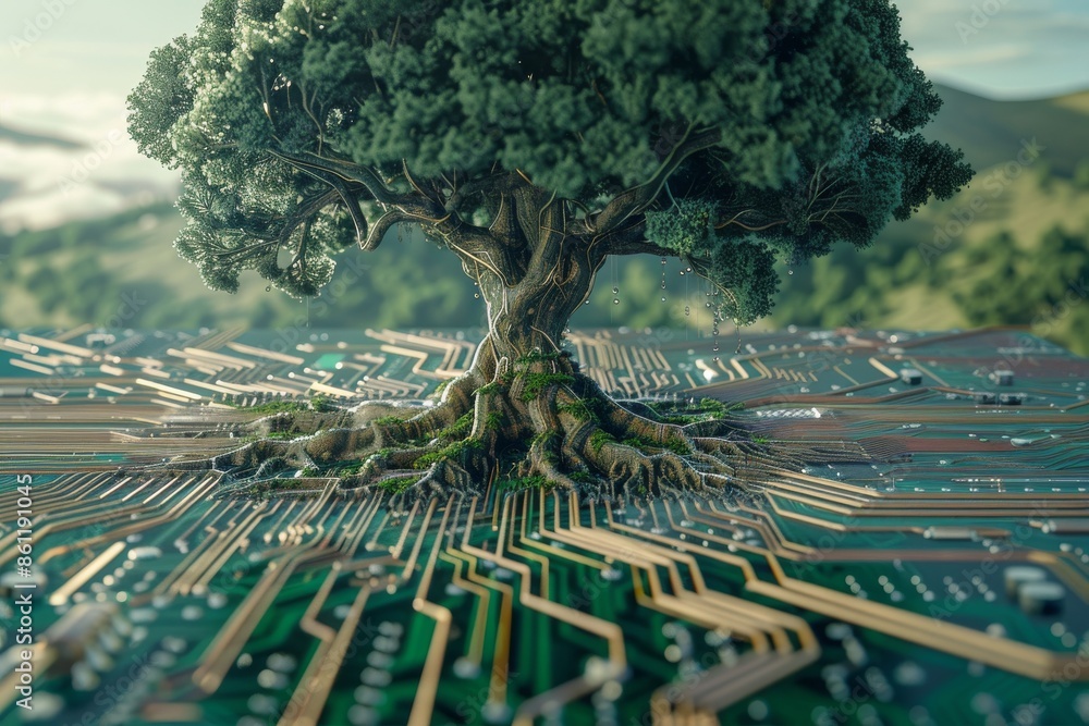 A tree growing a circuit board and integrated with an organic processor ...
