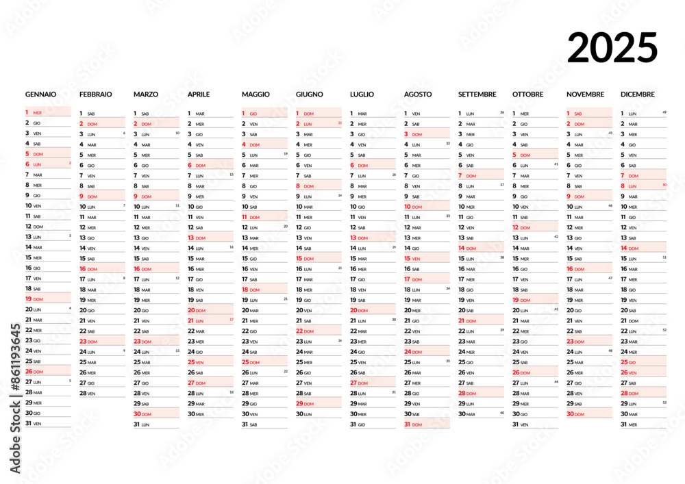2025 Yearly Calendar - Italian Language, displaying all months from ...