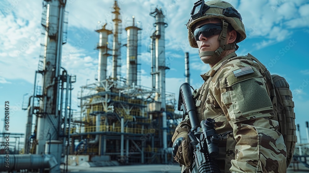 A soldier in full military uniform and weapon stands against the ...