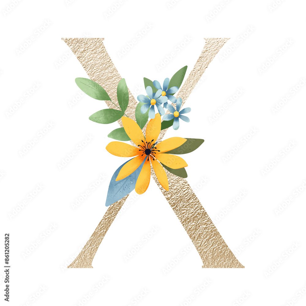 Letter X, gold floral monogram with watercolor flowers and leaf. Golden ...