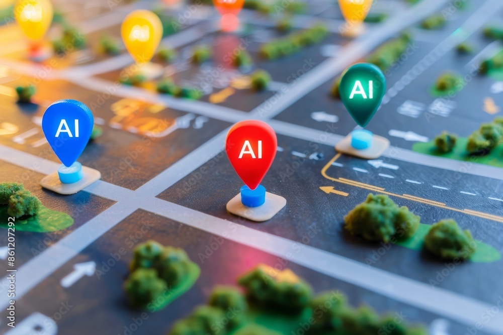 ภาพประกอบสต็อก AI location markers on a city map, representing the ...