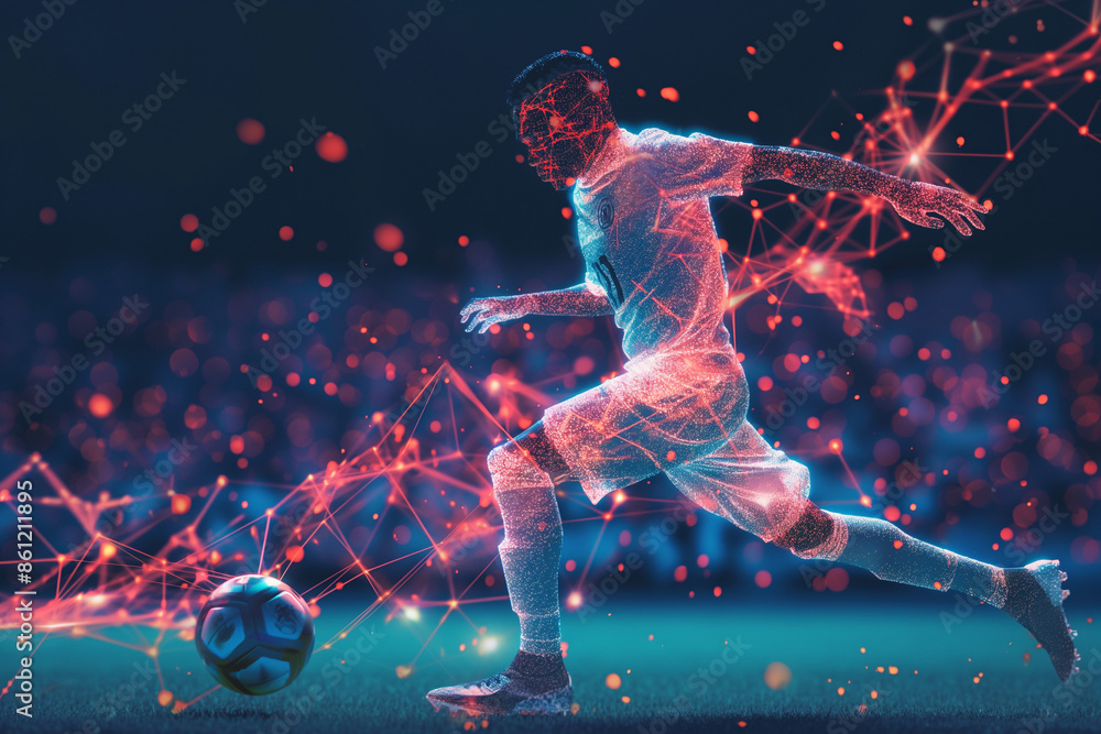A digital soccer player made of glowing red lines and nodes kicks a ...