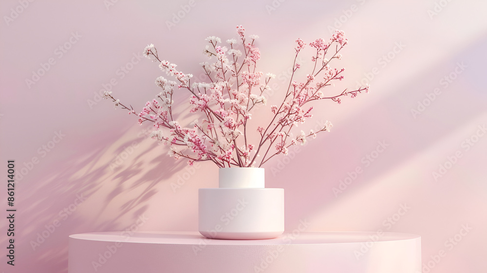 Minimalism style podium in pink pastel color with tree or plant shadow ...